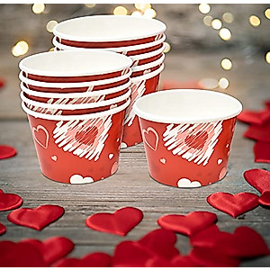 48 Count Valentine's Day Treat Snack Cups 10 Oz. Valentines Heart Disposable Paper Cup Dessert Ice Cream Bowl Pink Red White Holiday Hearts Design For Frozen Treats Cupcakes Party Favor Supplies Decor