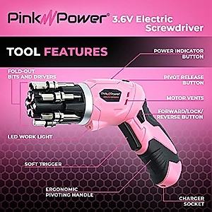 Pink Power 3.6 Volt Rechargeable Cordless Electric Screwdriver Set with Bubble Level - Pink Tool Set for Women Power Tools