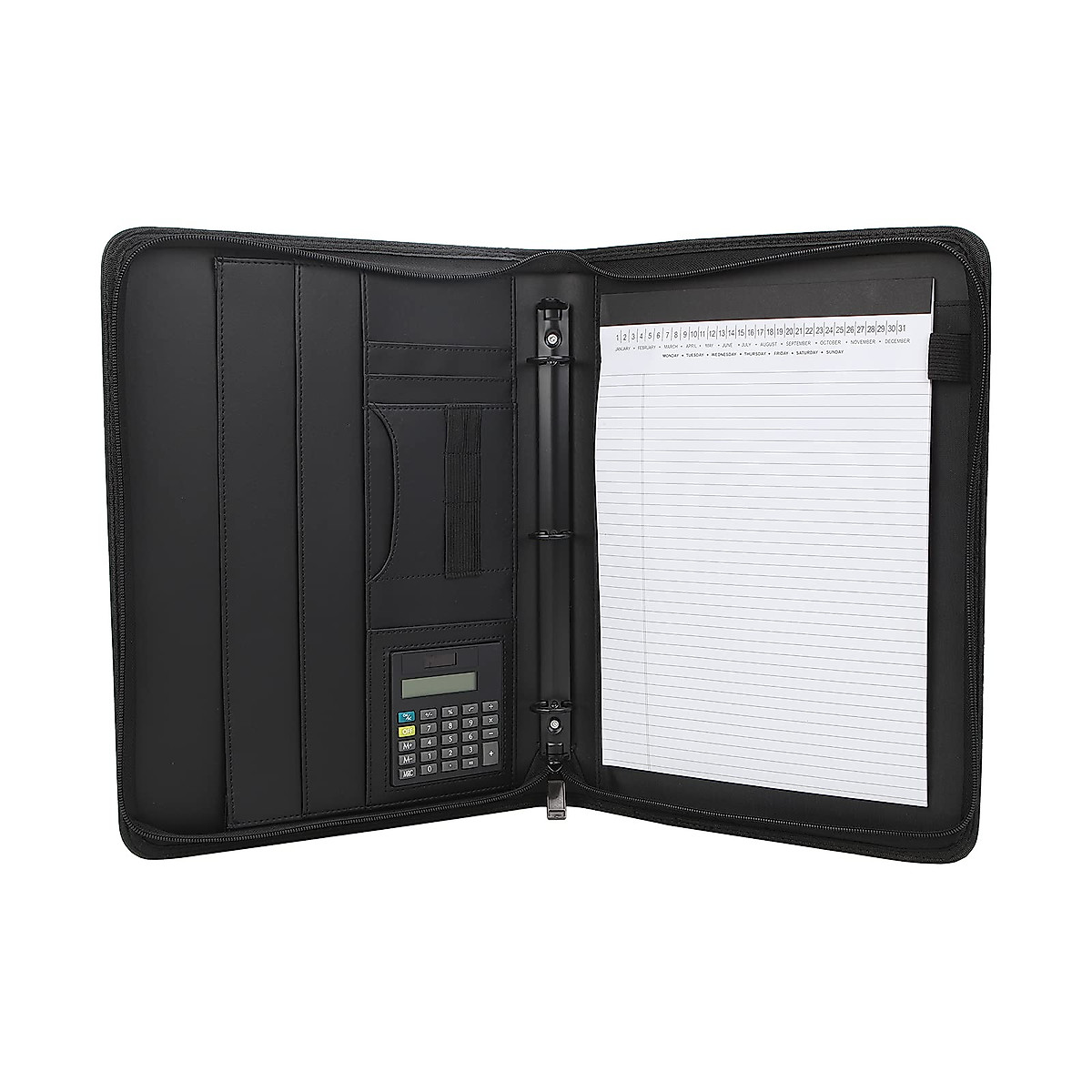 Freeprint Business Portfolio with Zipper 3 Ring Binder Organizer - PU Leather Folder Padfolio Document Organizer with Solar Calculator,Writing Pad