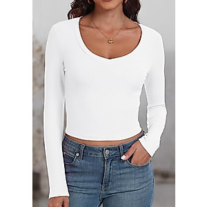 Artfish Women's Long Sleeve V Neck Crop Top Ribbed Knit Slim Fitted Basic T-Shirts (White, M)