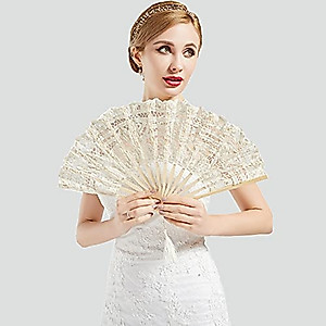 BABEYOND Cotton Lace Folding Handheld Fan Embroidered Bridal Hand Fan with Bamboo Staves for Wedding Decoration Dancing Party (Beige)