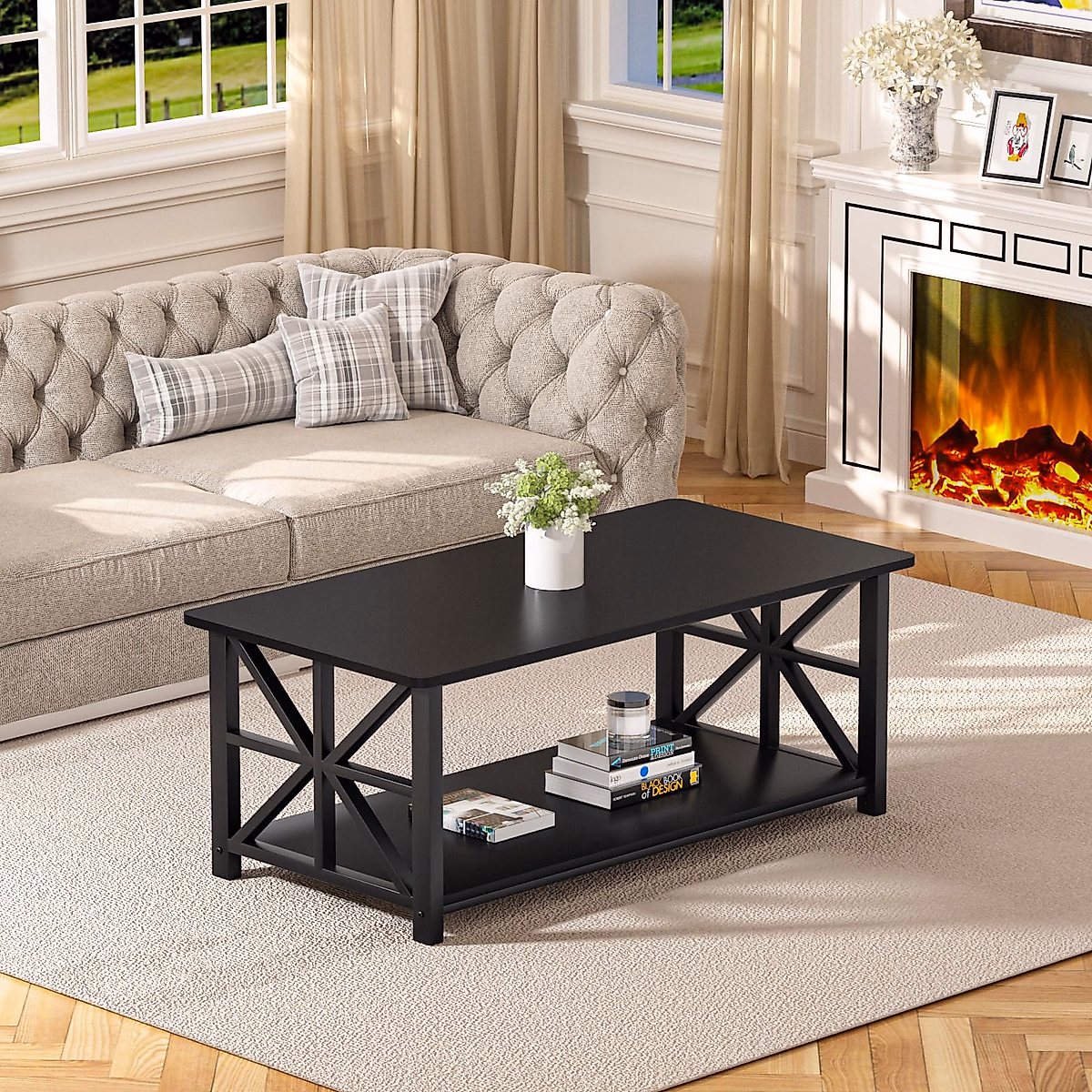 GreenForest Coffee Table with Round Corner, Farmhouse Center Table with 2-Tier Storage Shelf X-Frame Design for Living Room, 39 inch Black