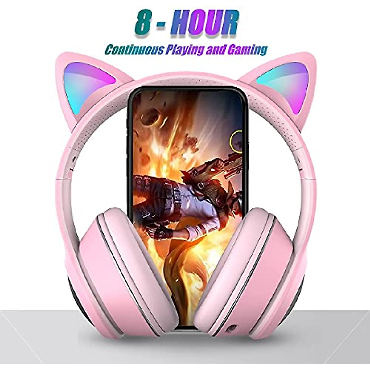 Zuri Sana Cat Ear Gaming Bluetooth 5.2 Wireless Foldable Headphones with LED Light, Over Ear Stereo Sound Music Headsets with Microphone AUX for PC TV Pad Cellphone Laptop Game Kids Adults Gift