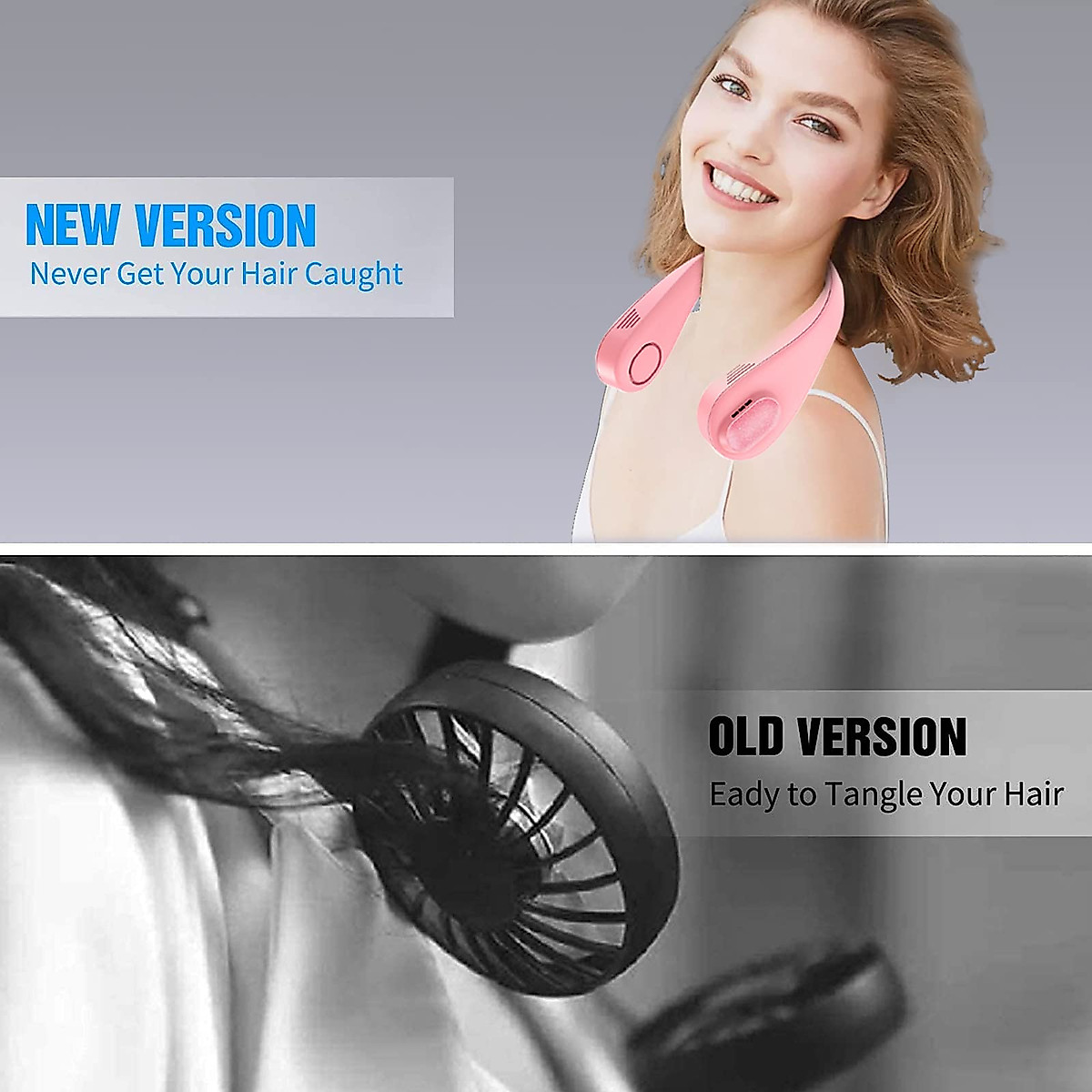 Neck Fan - Portable Bladeless Fan Rechargeable, 360° Hands Free Around the Neck, 3000mAh Personal Fan with 3 Speeds Cooling Fan, Low Noise for Travel Sports Sleeping Cooking Fishing (Pink)