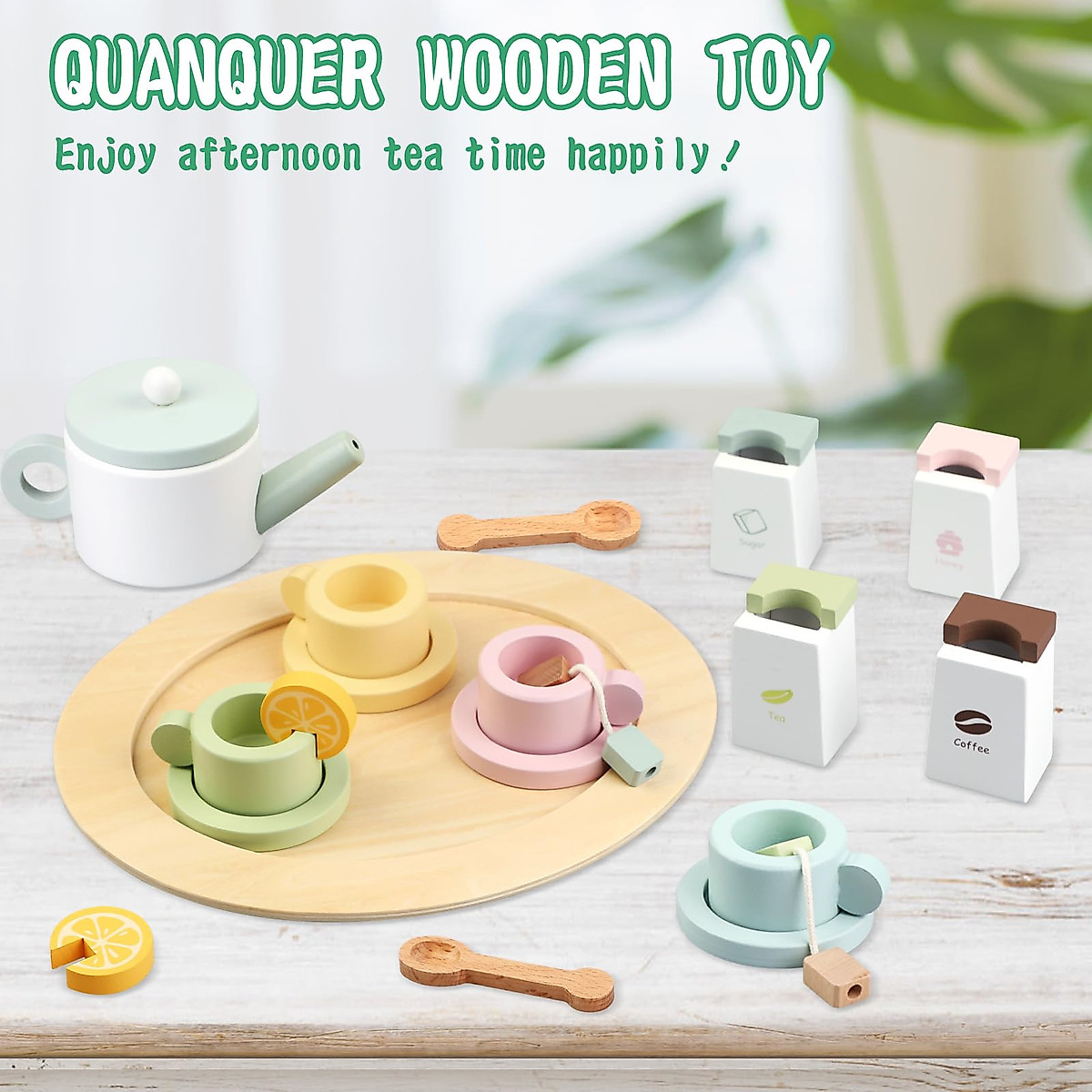 Wooden Tea Set for Little Girls - 20Pcs Tea Party Toys Set - Toddler Play Kitchen Accessories Play Food Toy for Kids Boys Girls
