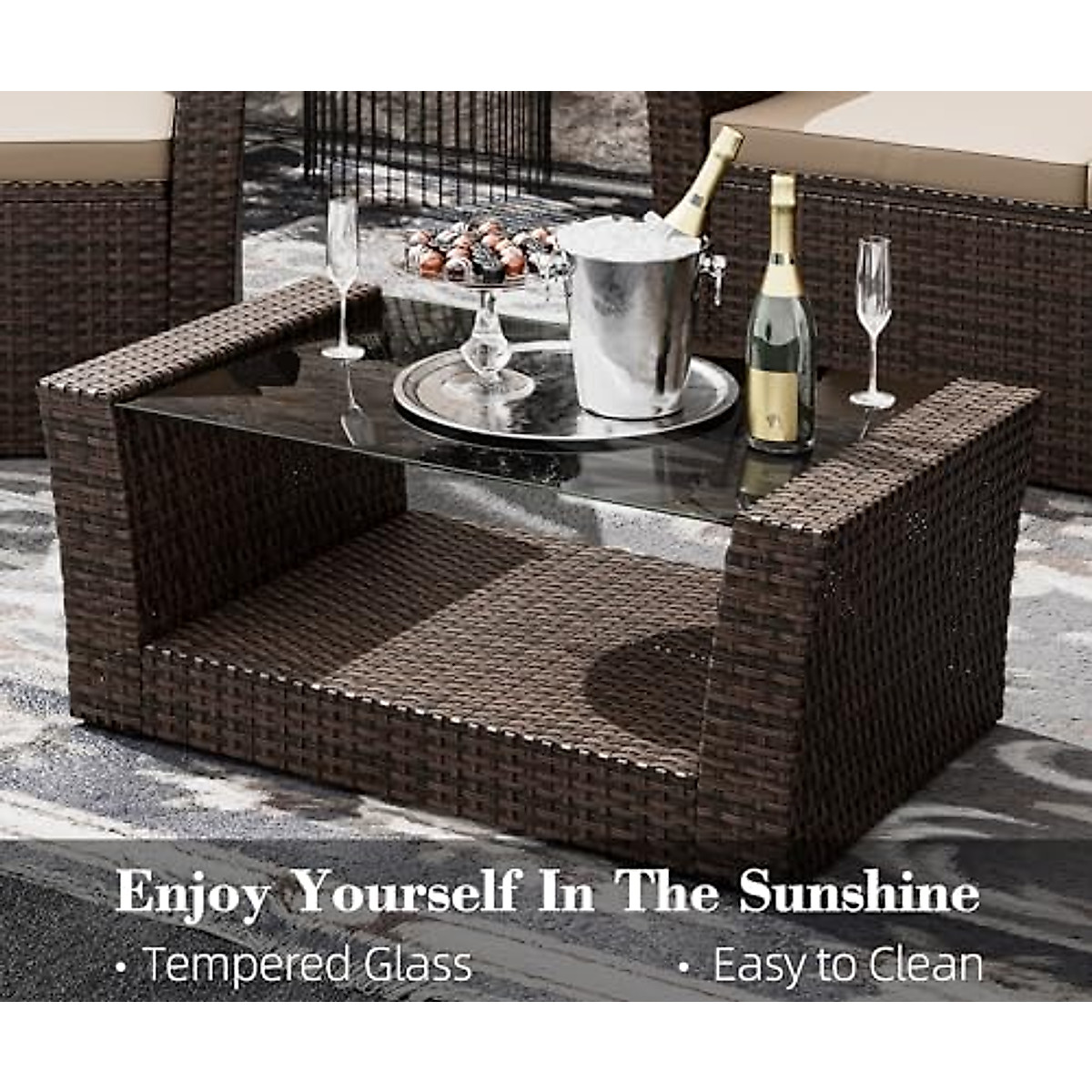 LHBcraft 4PCS Patio Furniture Set, Outdoor Conversation Sets with Rattan Chair Table, Wicker Loveseat Sofa Bistro for Garden, Pool, Backyard