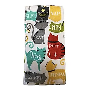 Kitchen Towel - Cats, Eat, Purr, Play, Sleep, Hiss, Meow - 100% Cotton, 16 x 26 in, Kitchen Decor, Gift, Dining and Entertaining