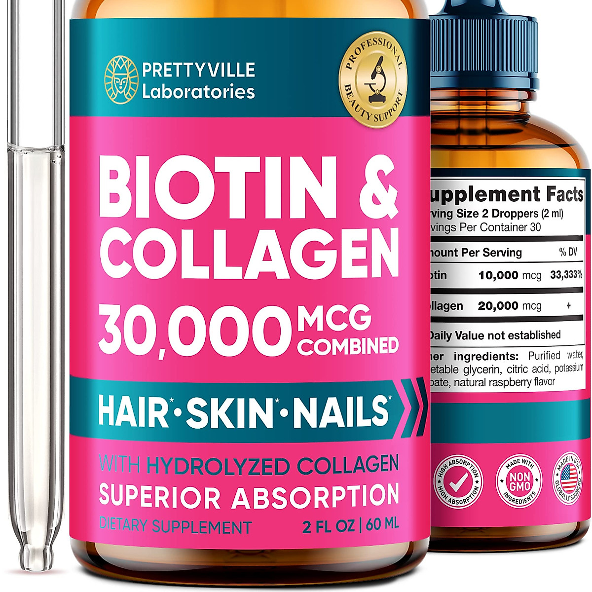 Liquid Collagen & Biotin for Women - 30000mcg Hair Growth Complex - Made in USA - Hydrolyzed Collagen & Biotin Oil for Hair Growth, Healthy Skin & Nails - Vegan Collagen & Biotin Source - 2 fl oz