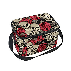 susiyo Vintage Skull Red Rose Lunch Box, Large Reusable Insulated Lunch Bag Cooler Tote for Office Picnic