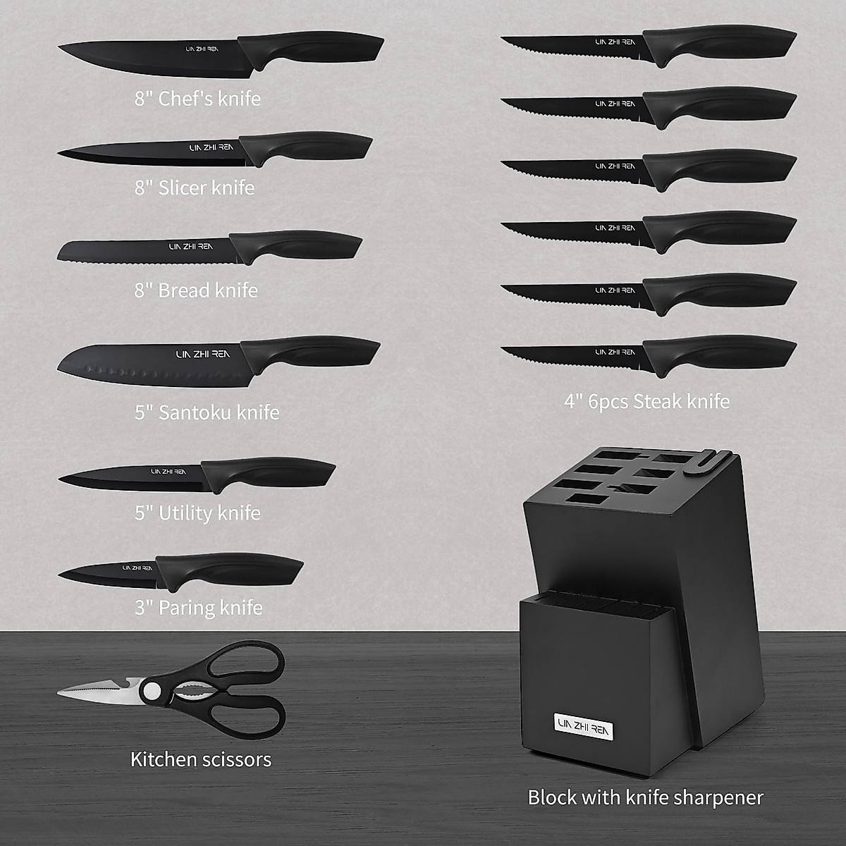 Knife Set, 15 Pieces Kitchen Knife Sets with Block, Built-in Sharpener, Dishwasher Safe, Anti-slip Ergonomic Handle, Knife Block Set for Chopping, Slicing, Dicing & Cutting, Black