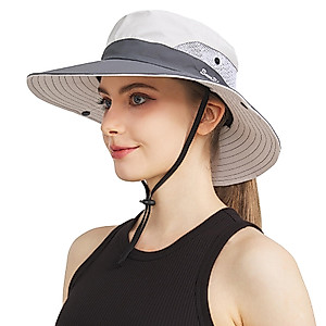 NPQQUAN Ponytail Sun Bucket Hat for Women Men Wide Brim UPF 50+ Fishing & Beach Hats Beige/Grey