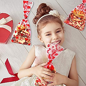 Aneco 100 Pack Valentine Cellophane Bags Valentine's Day Candy Cookie Bags 4 Styles Valentine Gift Bags Plastic Clear Cellophane Bags with Twist Ties for Valentine Party Favor Supplies