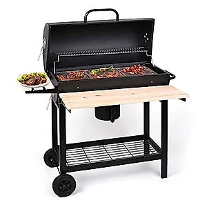 RJMOLU Outdoor Smoker Barbecue Portable Charcoal BBQ Grill for Garden Home Camping, Heat Control BBQ Kettle with 2 Foldable Wooden Side Shelves and Thermometer