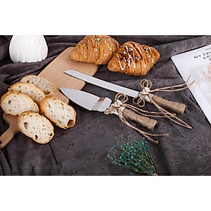 Rustic Wedding Cake Knife and Server Set-ULA Natural Burlap Twine Handle Wood Heart Cutlery for Wedding Gift,Cake Cutting Set for Wedding Rustic Wedding Decor (Burlap)