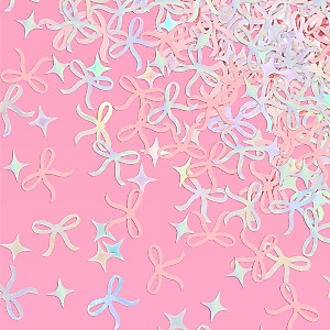 xo, Fetti Bow Confetti - 200 pc | Bachelorette Party Pink and Iridescent, Engagement Party Decoration, Tying the Knot Table Decor, Bride To Be Coquette Ribbon Bridal Shower Supplies