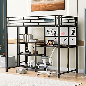 CABSETT Metal Loft Bed with Desk and Whiteboard, Twin Size Loft Bed with 3 Shelves and Ladder, Heavy-Duty Loft Bedframe for Kids Boys Girls Teens, Easy Assembly, Black