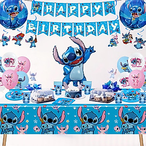 103 PCS Stitch Birthday Party Decorations, Stitch Party Decorations Set Includes Tableware Set, Happy Birthday Banner, Hanging Swirls, Balloons for Birthday Party Supplies