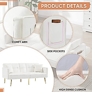 Antetek Convertible Futon Sofa Bed, 69-inch Modern Tufted Velvet Sleeper Sofa Couch Oversized Loveseat Sofa w/3 Adjustable Positions, 6 Metal Legs and Cup Holder for Living Room Bedroom Office, White
