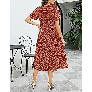 Annebouti Women 2023 Summer Short Sleeve V Neck Beach Modest Boho Floral Tiered Smocked Casual Midi Dress with Pockets Brown