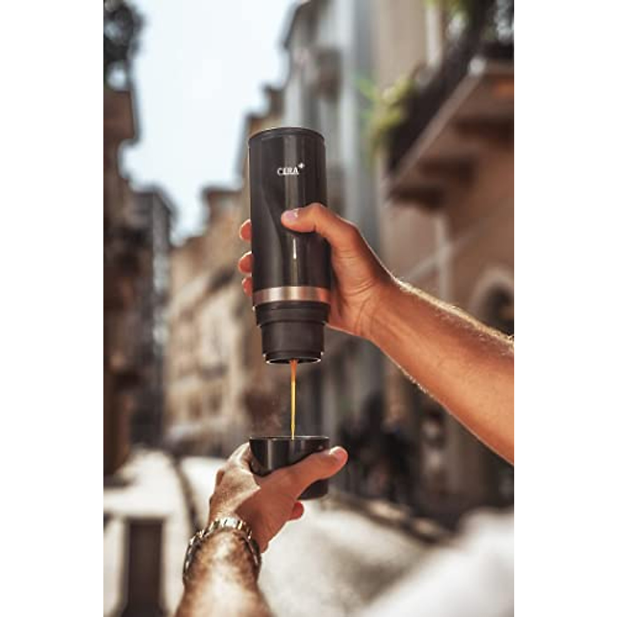 CERA+ Portable Mini Espresso Machine, 12V/24V Rechargeable Car Coffee Maker with Self-Heating, 20 Bar Pressure Compatible with NS Pods & Ground Coffee for Travel, Camping, Office, Home