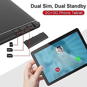 Tablet 10 Inch, Dual SIM Solt Android 9.0 Quad Core Processor Tablets, 32GB ROM 6000mAh Battery HD Tablet, Support 128GB Memory Storage Expand, WiFi, Bluetooth, GPS