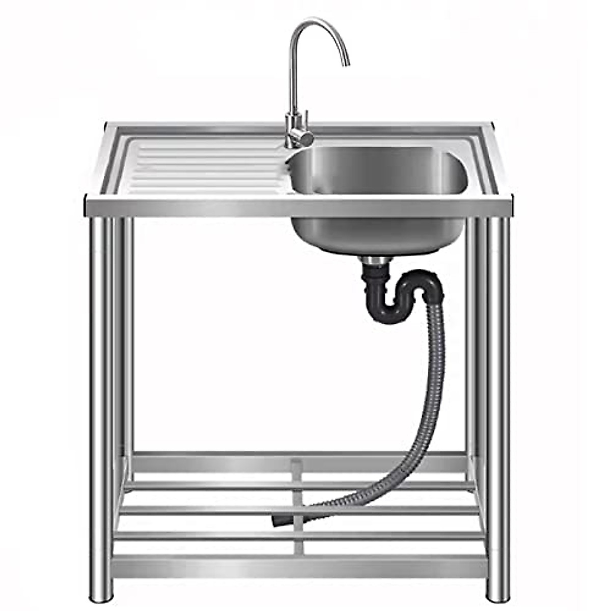 Commercial 304 Stainless Steel Sink Free Standing Single Bowl Commercial Restaurant Kitchen Sink with Left Drainboard Storage Shelve Faucet 1 Compartment Restaurant Kitchen Sink fo