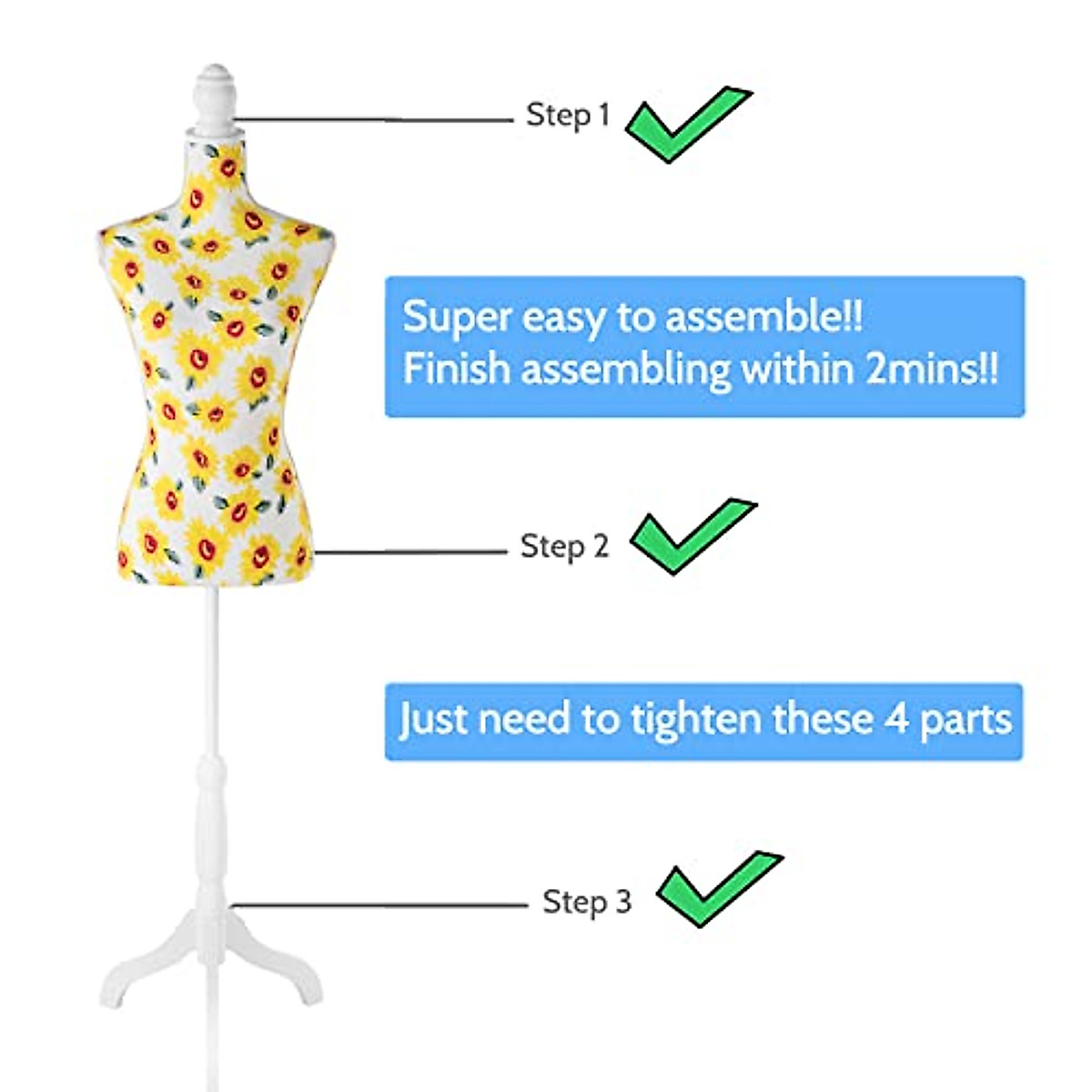 DRDINGRUI Dress Form w/ Stand, Female Mannequin Torso for Dress Jewelry Display, Floral Mannequin Body, Yellow Sunflower