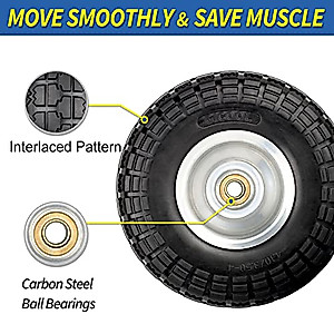 GICOOL 4.10/3.50-4" Flat Free Tire and Wheel, 10" Heavy Duty Solid Tire, 5/8" Axle Bore Hole, 2.2" Offset Hub, for Hand Truck Gorilla Cart Garden Wagon Trolley Dolly Replacement Tire, 2 Pack