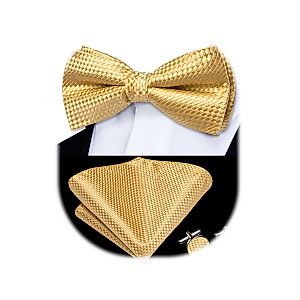 Dubulle Mens Pre-tied Bowtie and Pocket Square Set Paisley/Striped/Checks Bowties for Men,Gold Checks