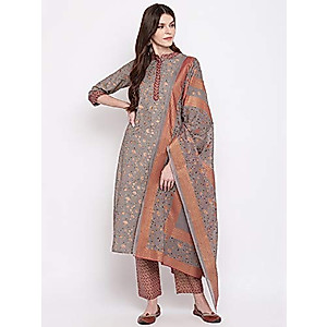 Indian Cotton Tunic Tops Kurti Set for Women with Palazzo 694 (Grey&Brown, 38)