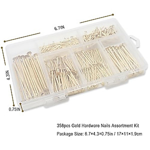 6 Sizes Gold Hardware Nails Assortment Kit, 358pcs, Brass Plated, Nails for Hanging Pictures, Finishing Nails, Wood Nails, Wall Nails for Hanging (3”, 2”, 1-1/2”, 1-1/4", 1”, 3/4")