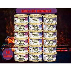 Fancy Feast Gravy Grilled Wet Cat Food Variety Packs Include Chicken, Seafood, & Beef Feast in Gravy Adult Bundle Collection Gluten-Free Protein (Pack of 18)