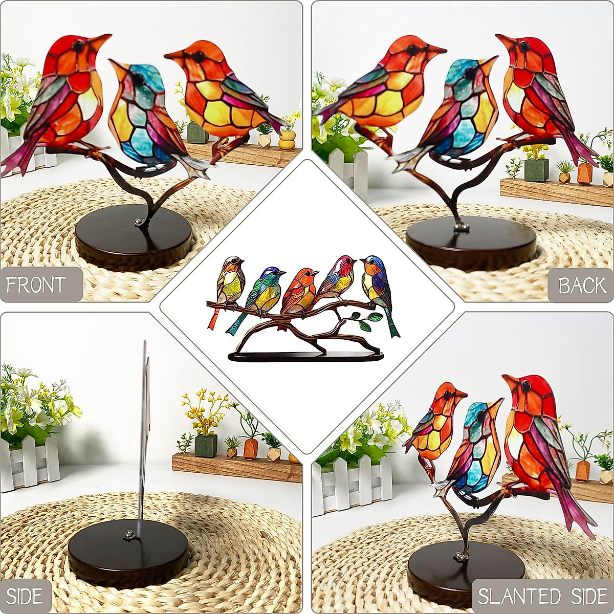 VNRGG Stained Birds On Branch Desktop Ornaments Double Sided Metal Flatness Table Art Home Room Decoration Suitable for Office Wine Cooler Decor(5 Birds on a Branch)