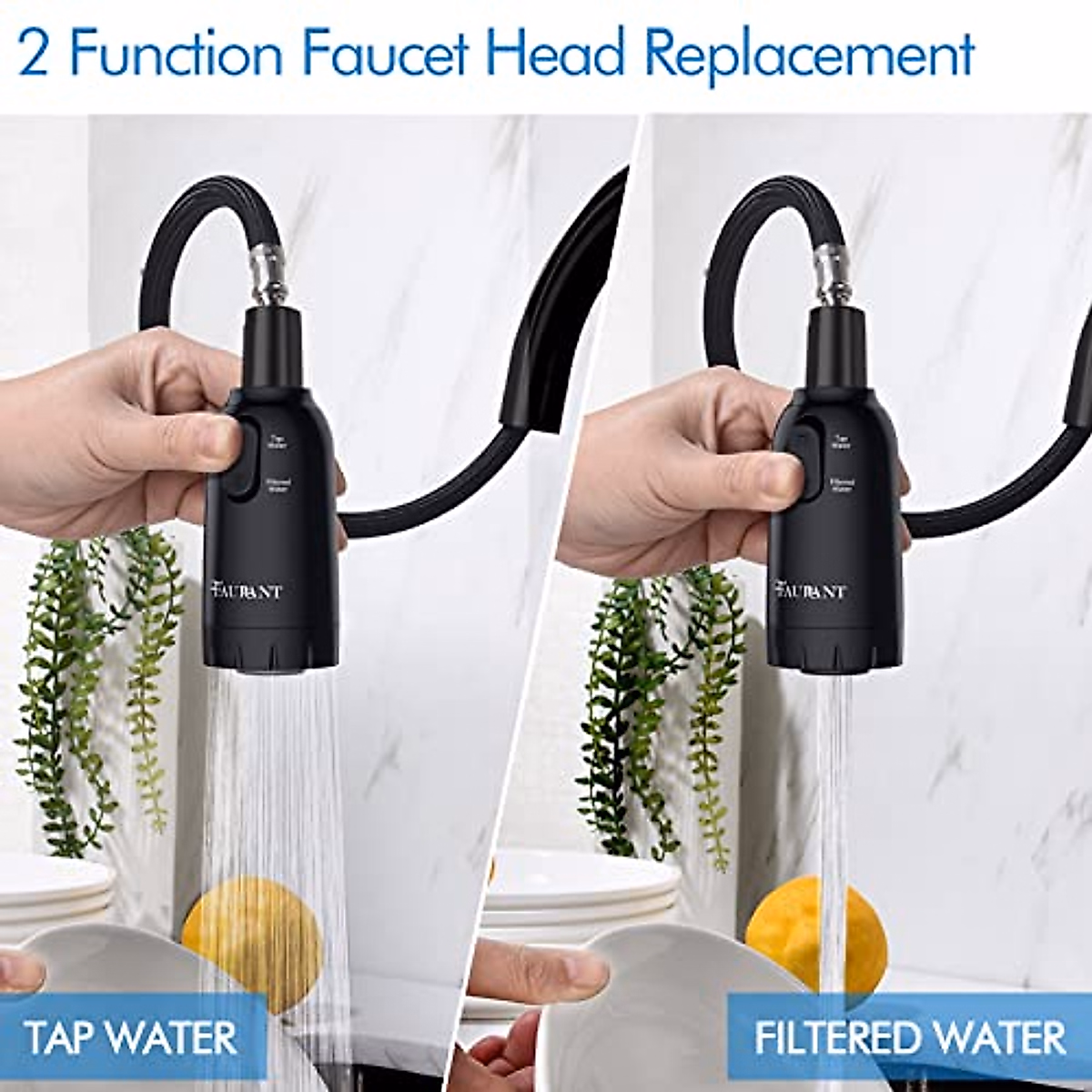 FAURANT Kitchen Faucet Head Replacement, Pull Down Water Filter for Kitchen Sink, Pull Out Sink Sprayer for G1/2 Connector, Black 1 Faucet+2 Filters