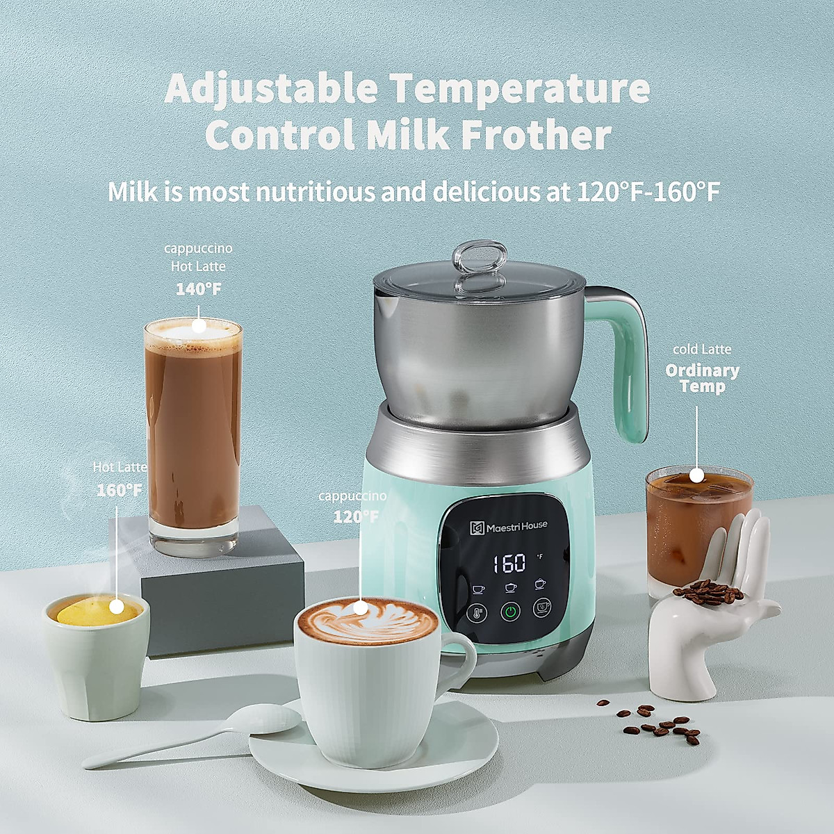 Maestri House Milk Frother, Variable Temp and Froth Thickness Milk Frother and Steamer, 21OZ/600ML Smart Touch Control Milk Warmer, Dishwasher Safe, Memory Function for Latte Cappuccino, Hot Chocolate