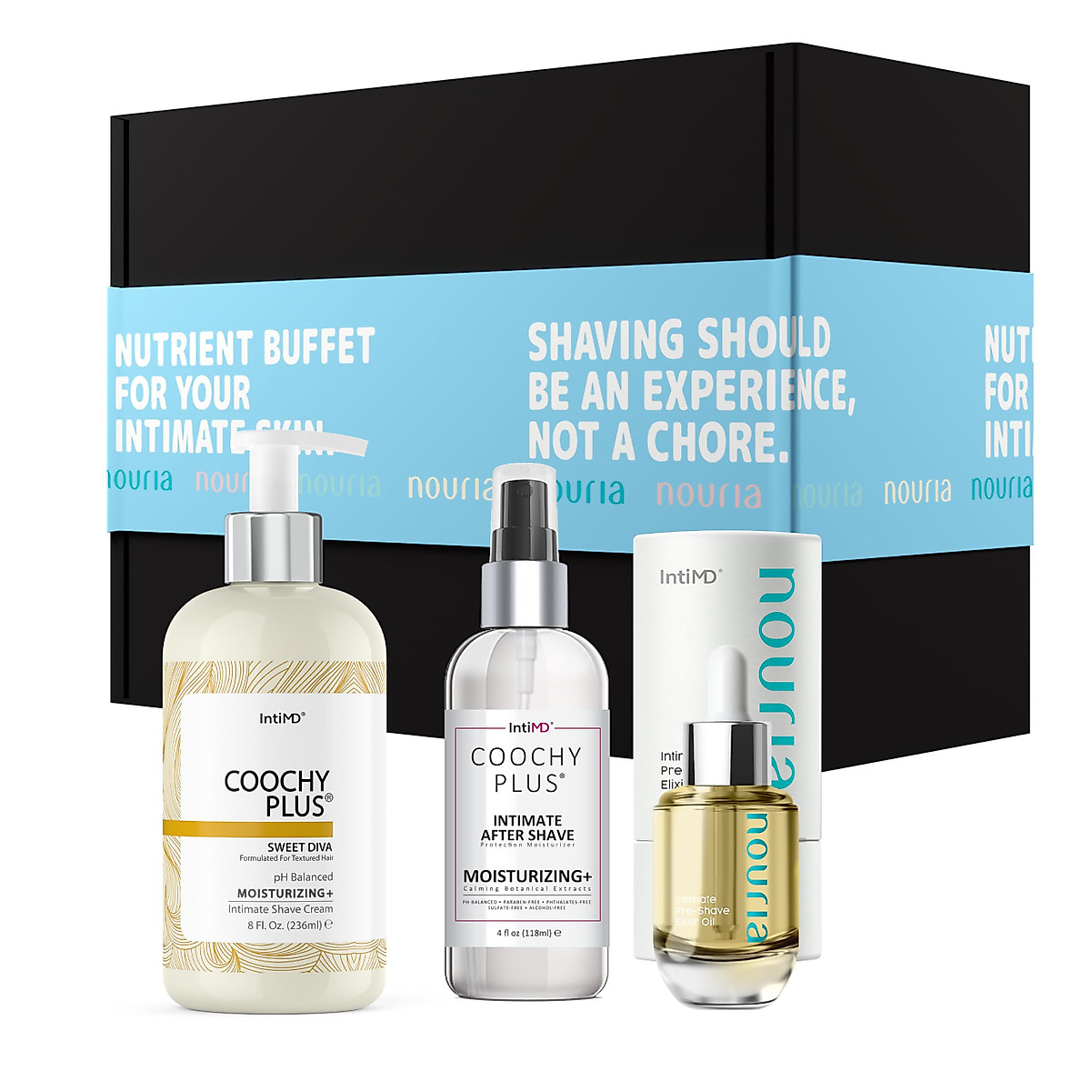 IntiMD Coochy Plus HydroLock Moisturizing + 3-Steps Kit Intimate Shave Gift Set Nouria Pre-Shave Elixir Oil + Coochy Plus Shave Cream + Coochy Plus After Shave Protection Mist (Set of 3, Sweet Diva)