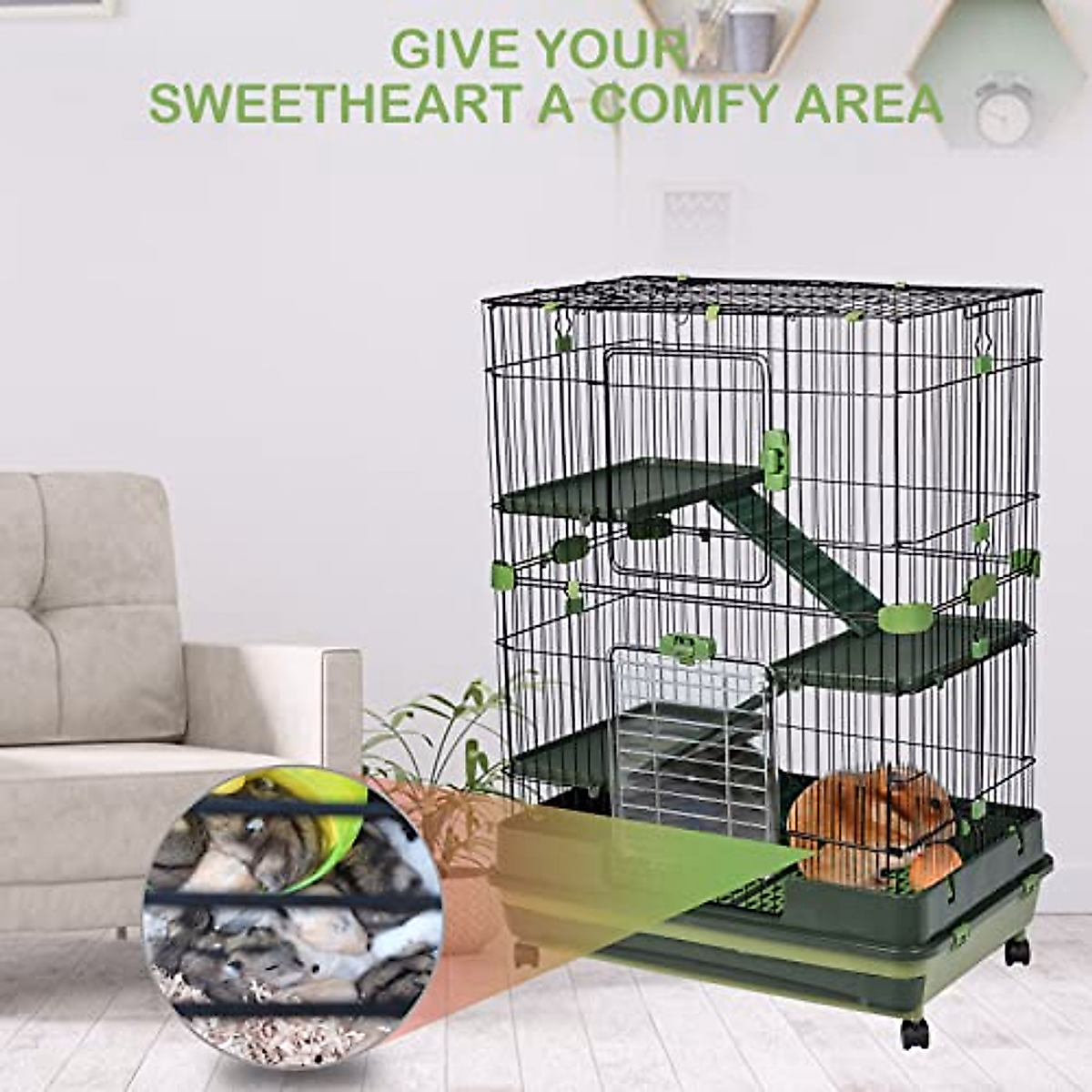 4-Tier Animal Metal Cage Small Cat Cage Height Adjustable Rabbits Cage with Lockable Casters, Pull-Out Tray Fits Rabbits, Chinchillas, Ferrets, Guinea Pigs, Squirrels, Hedgehogs (Green)