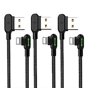 USB 90 Degree Right Angle Design Gaming LED Nylon Braided Sync Charge Double Size USB Reversible Data 6FT/1.8M Cable Compatible New Phone/Pad/Pod (3 Pack Black, 6FT)