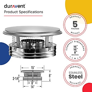 DuraVent DuraPlus 8 Inch Stainless Steel Round Chimney Cap with Triple Wall Design, Spark Arrestor Screen and Removable Screws, Silver