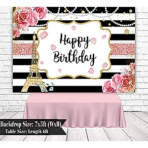 Sensfun Paris Birthday Backdrop Eiffel Tower French Theme Birthday Photo Background 7x5ft Pink Roses Ooh La La Black White Stripes Floral Happy Birthday Backdrops Decorations