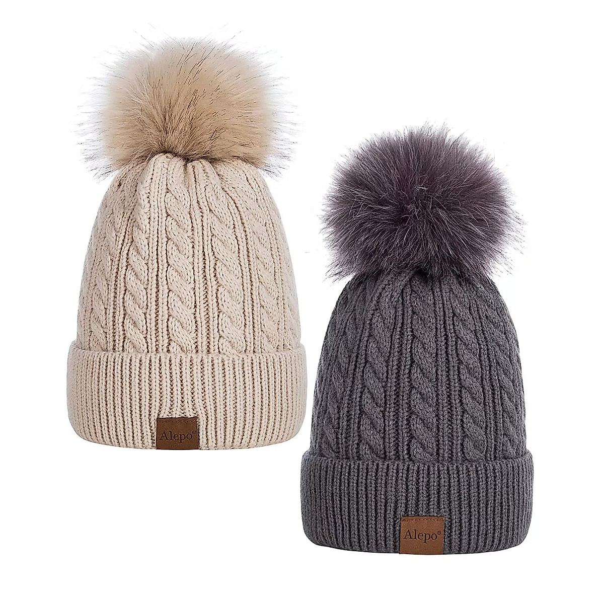Alepo Womens Winter Beanie Hat, Warm Fleece Lined Knitted Soft Ski Cuff Cap with Pom Pom(Dark Gray+Oatmeal)