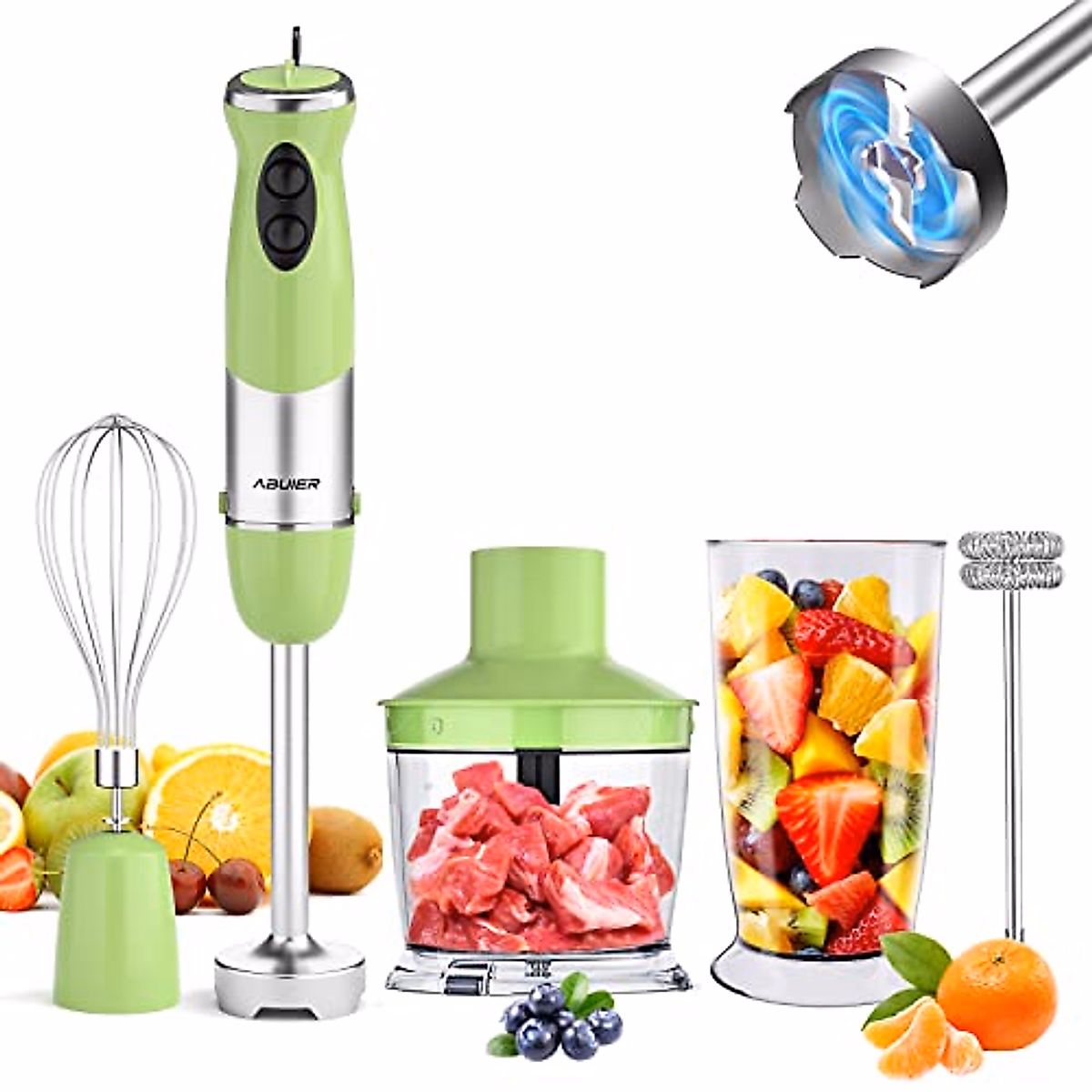 Immersion Blender Handheld 5 in 1 Hand Blender, 800W Hand Mixer Stick, BPA-Free 12 Speed and Turbo Mode Handheld Blender 304 Stainless Steel, With 20 oz Mixing Beaker, 17 oz Chopper, Whisk and Milk Frother for Soup, Smoothies, Baby Food, Sauce, Abuler (Gr
