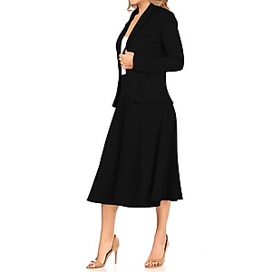 Two Piece Solid Long Sleeve Casual Blazer Relaxed A-Line Midi Skirt Black M