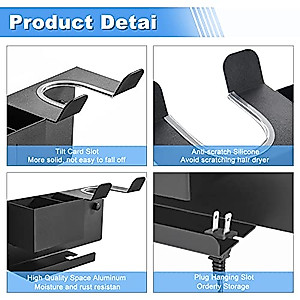 Blow Dryer Holder, SHAIDOJIO Hair Tool Organizer Wall Mounted, Aluminum Alloy Hair Dryer Holder, Muti-Function Hair Dryer Stand with Plug Hook (Black)