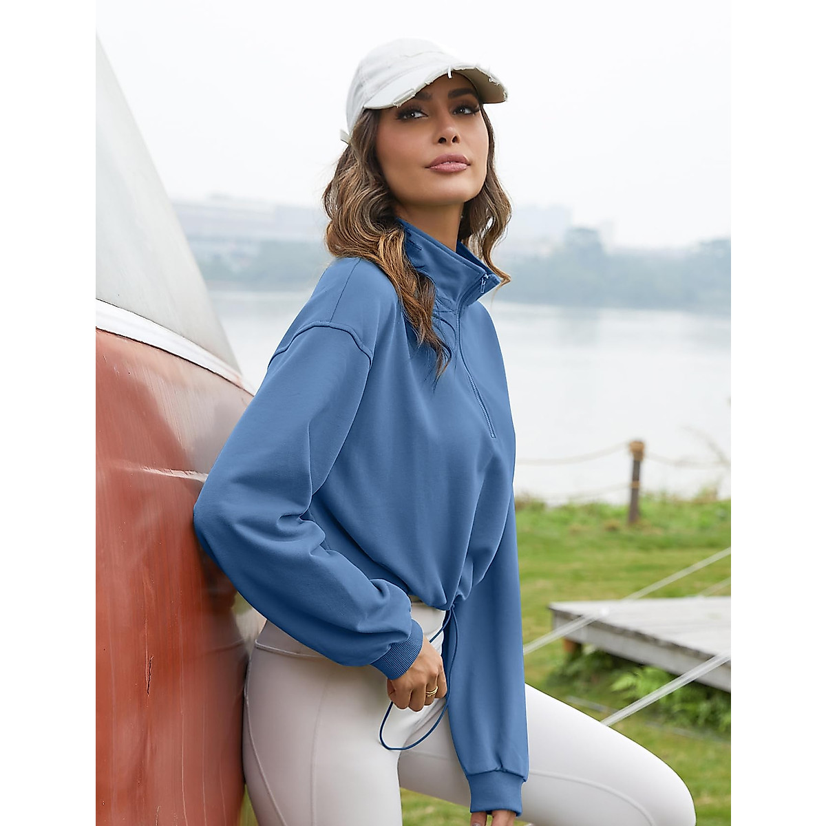 Flygo Women's Half Zip Crop Sweatshirt High Neck Long Sleeve Cycling Pullover Athletic Crop Tops(Blue-S)