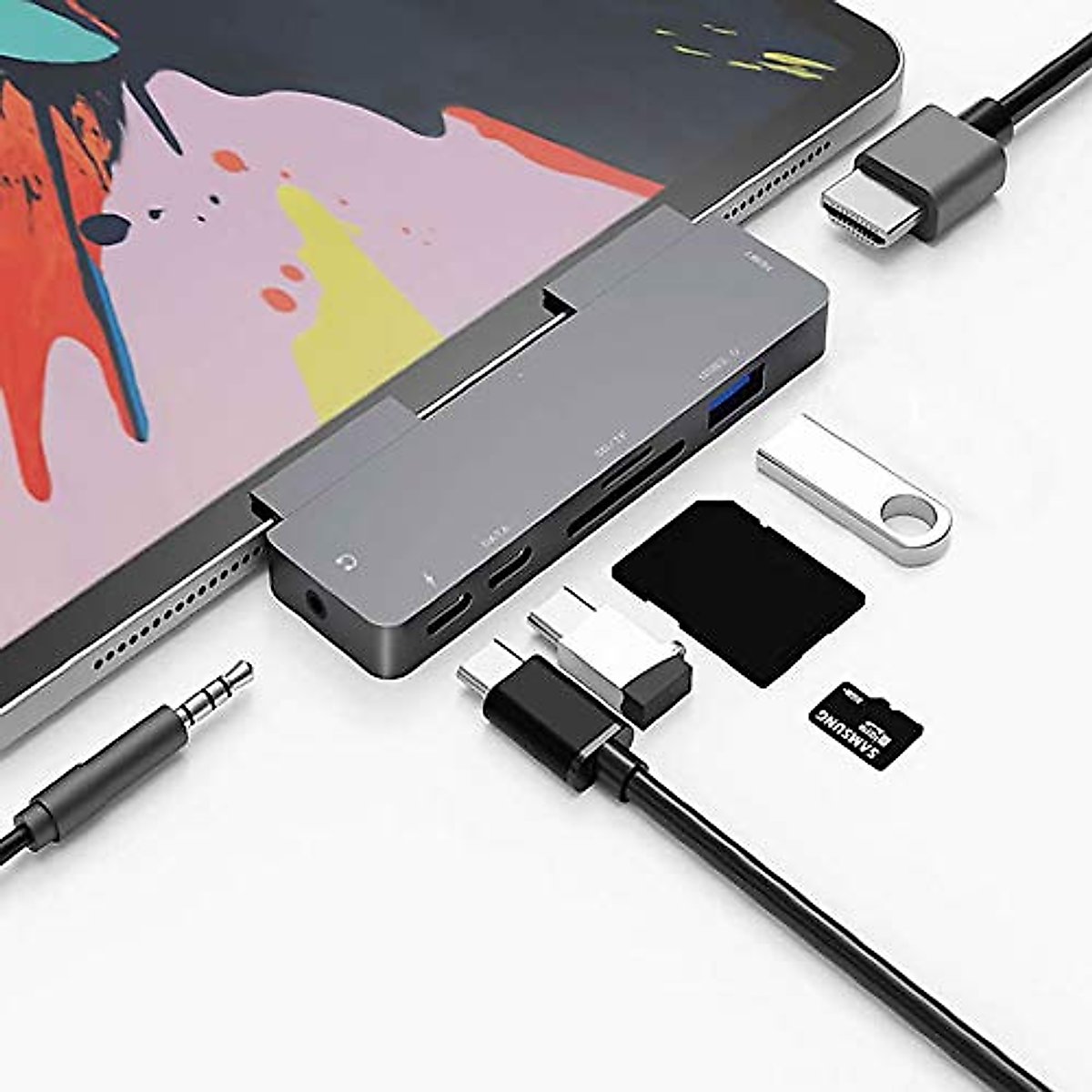 7-in-1 USB C Hub Adapter Multiport, with 4K HDMI, USB C PD Fast Charging and SD - Dongle Compatible with iPad Pro 2020 2018,iPad Air4, MacBook Pro/Air and More