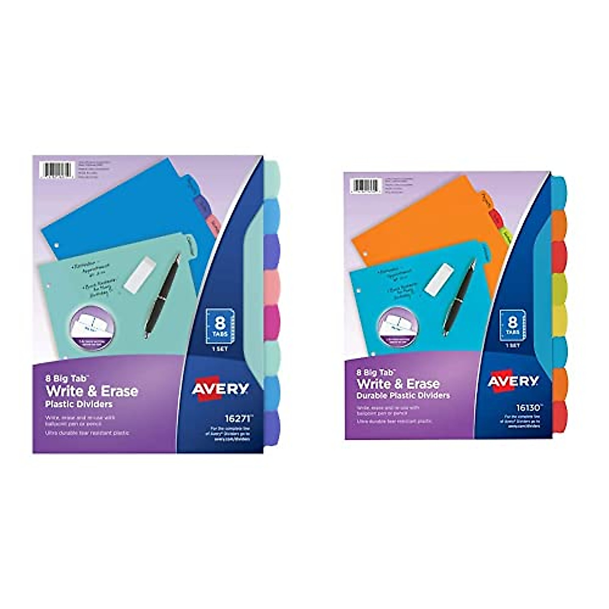 Avery Durable Plastic 8-Tab Write & Erase Big Tab Dividers for 3 Ring Binders, Pastel Brights (16271) & Big Tab Write & Erase Durable Plastic Dividers, 8 Multicolor Tabs, 1 Set (16130)