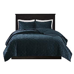 Madison Park Harper Quilt Set-Faux Velvet Casual Geometric Stitching Design All Season, Lightweight Coverlet, Cozy Bedding, Matching Shams, King/Cal King(104"x94"), Teal 3 Piece