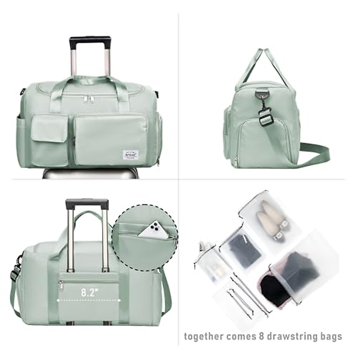 NPBAG Duffel Bag for Women, Sports Gym Bag with Wet Pocket & Shoes Compartment, Lightweight Weekender for Overnight, Travel Carry on Tote, Water Resistant (Light Green)