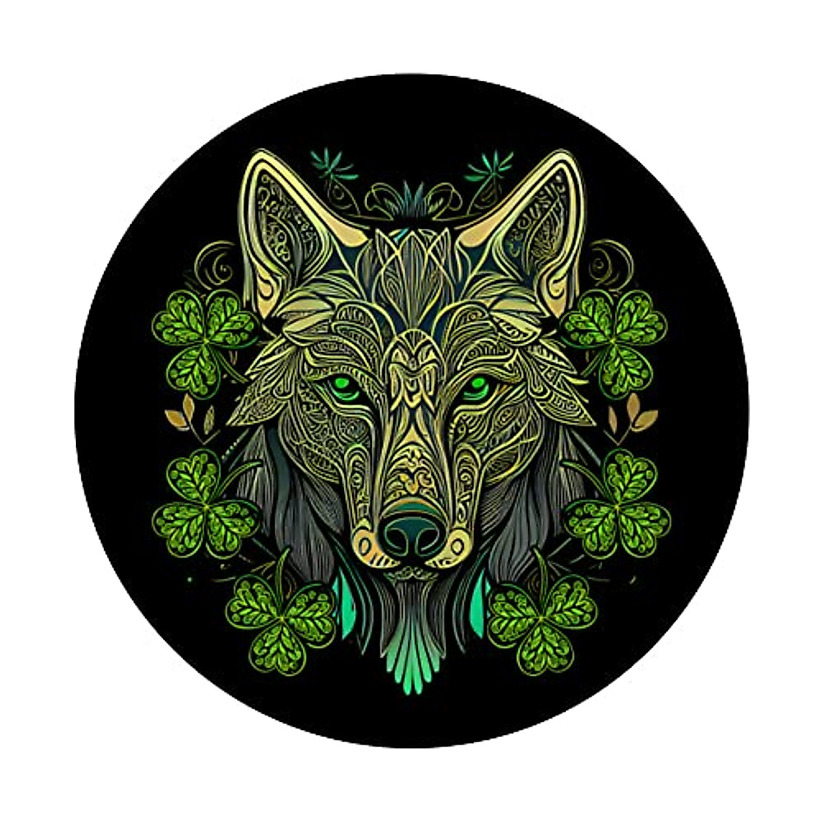 Wolf Face Head Mandala Irish Shamrock Clover St Patricks PopSockets Swappable PopGrip